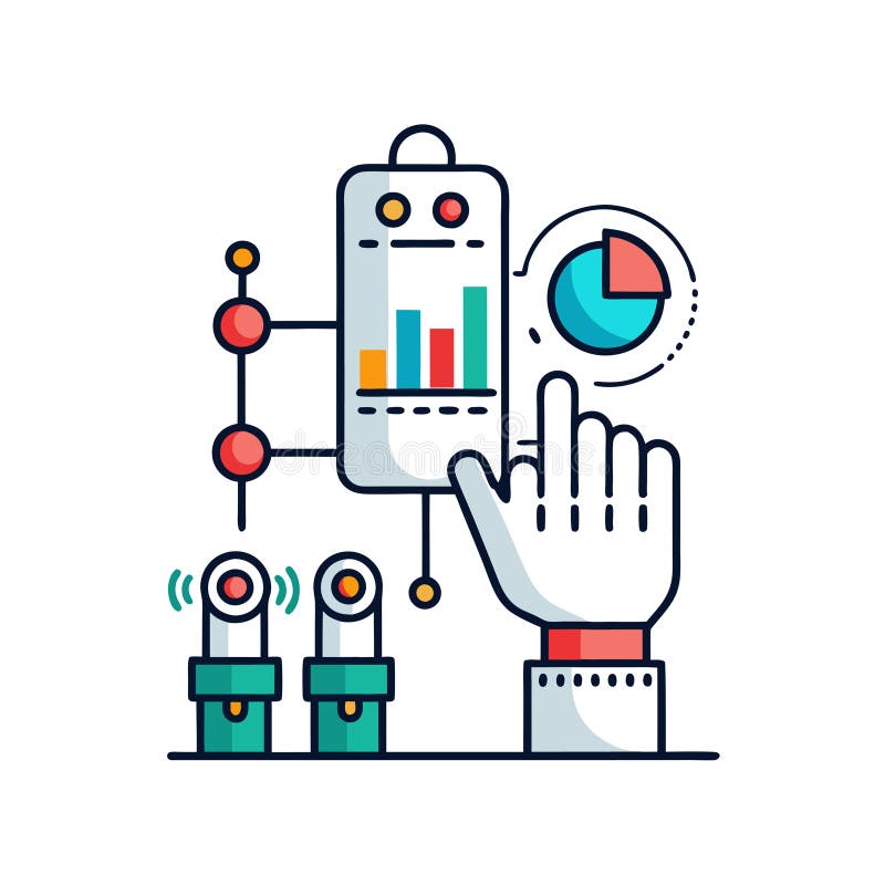 Data Analysis and Automation: Hand Interacting with Graph, Chart, and Robot Stock Vector ...
