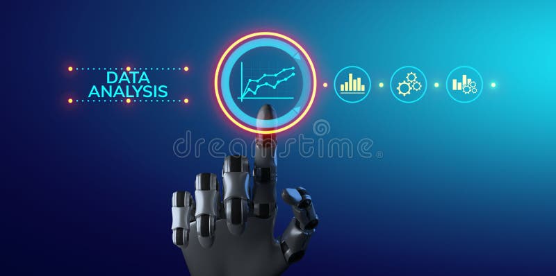 Data Analysis Business Intelligence. Robot Pressing Button on Virtual ...