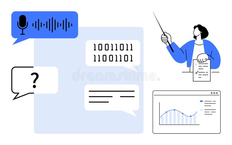 Data Analysis and Communication with Charts, Codes, and Voice Input Elements Stock Vector ...