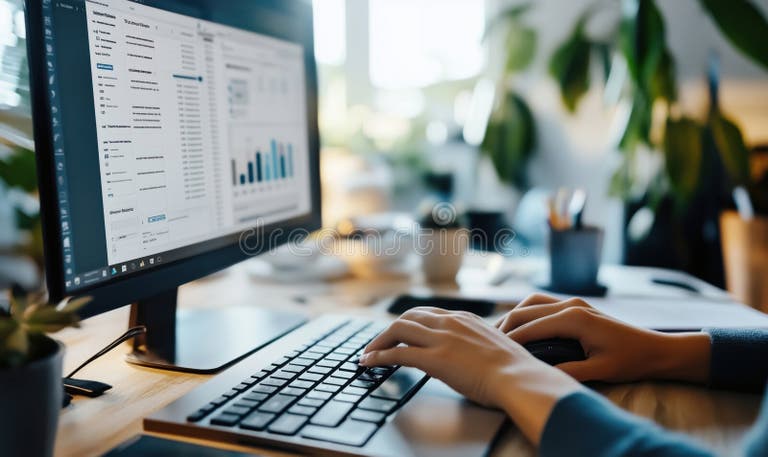Data Analysis on Computer Screen with Hands Typing on Keyboard in ...