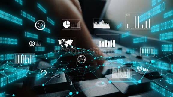 Data Analysis Concept with Visual Graphs, Charts, and Binary Code Overlaying Computer Keyboard ...