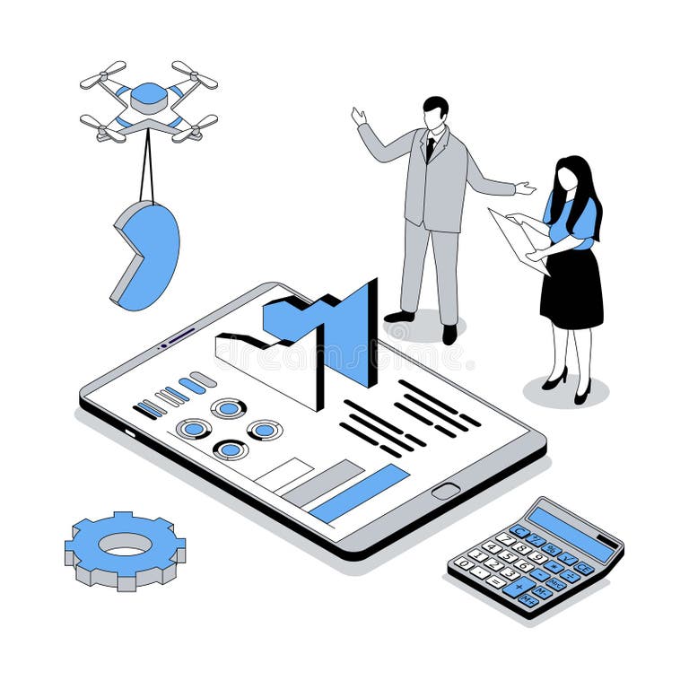 Data Analysis 3d Isometric Concept with Isometry People Design for Web. Business Team ...
