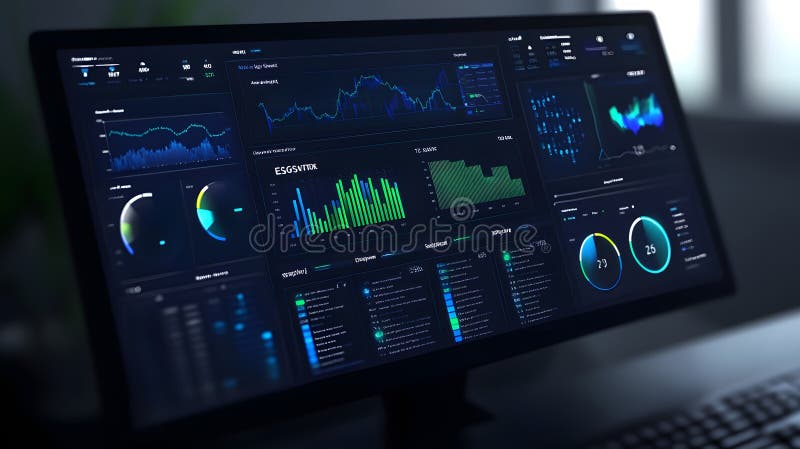 Data Analysis Dashboard Blue and Green Charts on Dark Monitor Stock Illustration - Illustration ...