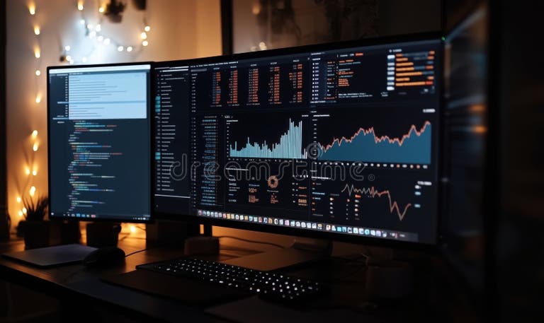 Data Analysis Dashboard with Coding Interface, Multiple Screens Displaying Graphs, Charts, and ...