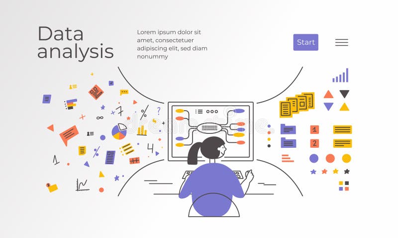 Data Analysis Design Template, Vector Illustration with Young Woman Sitting in Front of Big ...