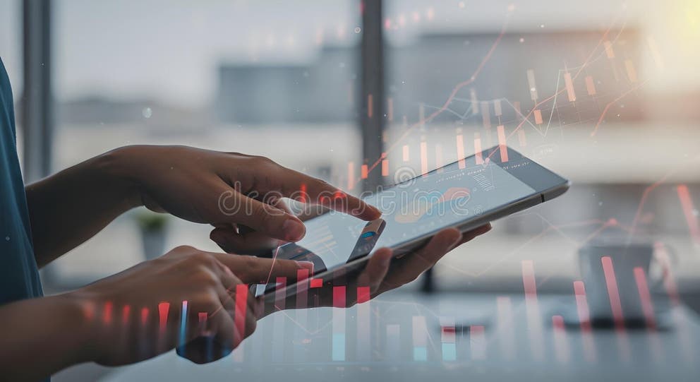 Data Analysis: Hands Using Tablet, Modern Graphs Overlay Stock Image ...