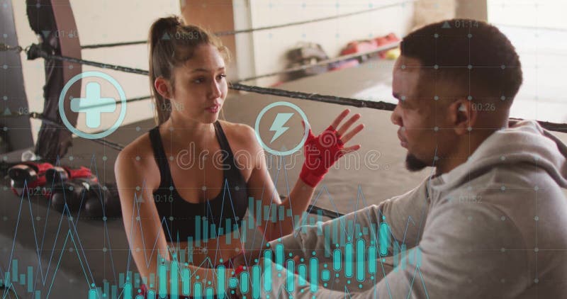 Data Analysis Image Over Two Athletes Discussing in Boxing Ring Stock ...