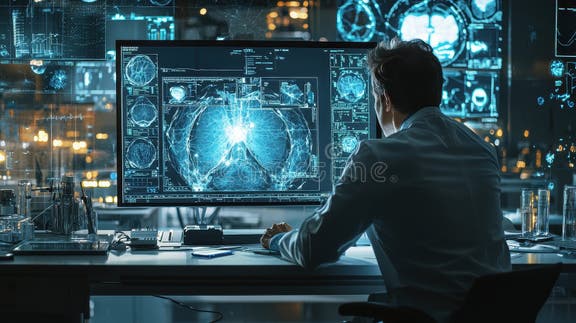 Data Analysis Innovation in a High-tech Lab with Digital Skyline Visualization Stock Image ...