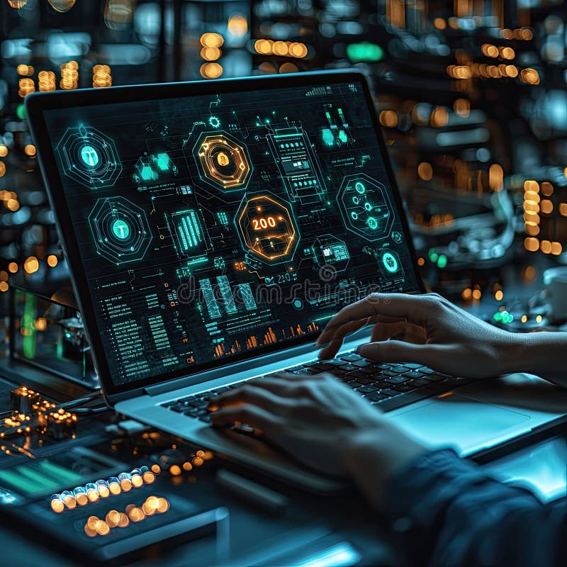 Data Analysis on Laptop with Glowing HUD, Modern Tech Environment ...