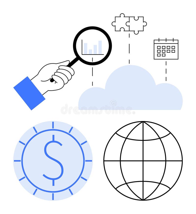 Data Analysis with Magnifying Glass, Cloud Computing, Puzzle Pieces, Calendar, Currency, and ...