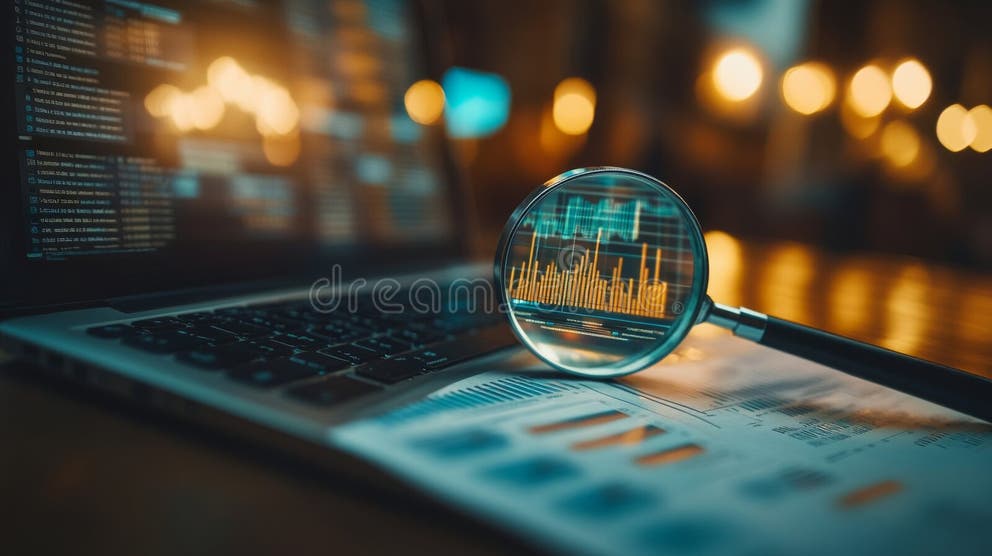 Data Analysis with Magnifying Glass on Laptop Stock Illustration ...