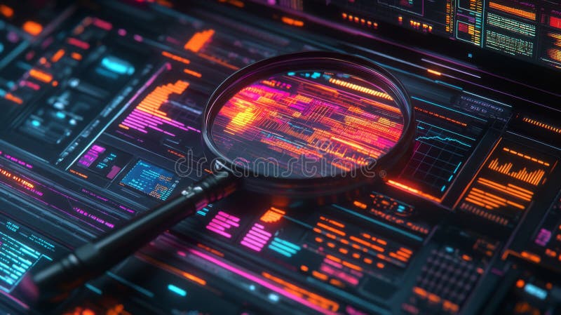 Data Analysis Magnifying Glass on Neon Digital Screen Stock ...