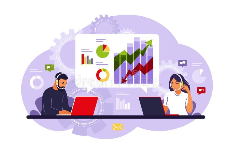 Data Analysis and Marketing Concept. People Analysts Working with Data on Dashboard. Vector ...