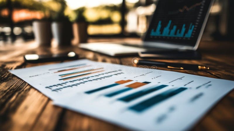 Data Analysis on Reports with Graphs and a Laptop on a Wooden Table in ...