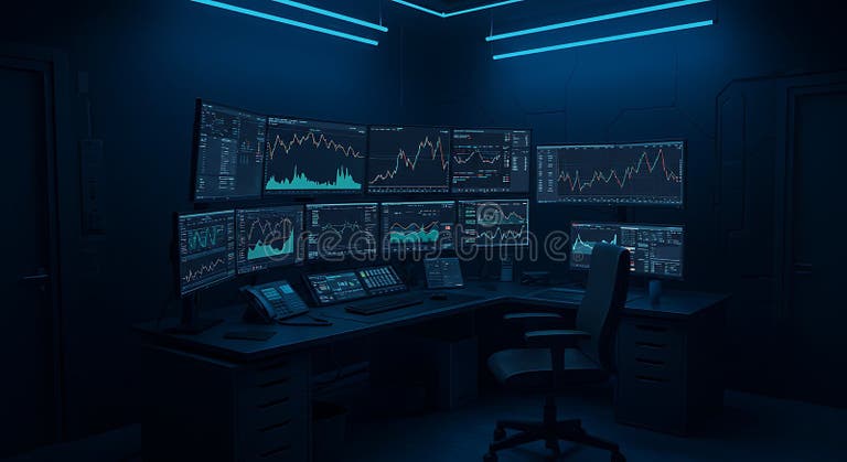 Data Analysis Room with Multiple Computer Screens Displaying Financial ...