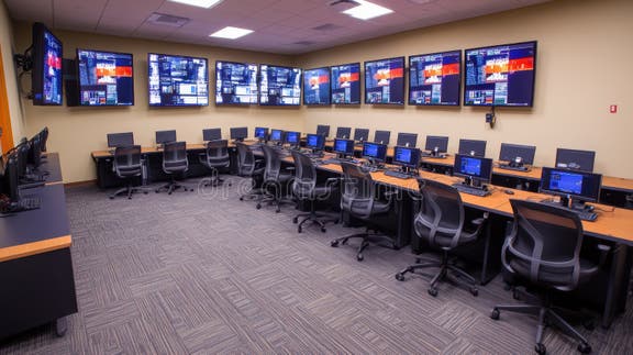 Data Analysis Room: Rows of Computers Under Screens with a Tiled Floor ...