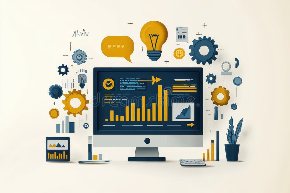 Data Analysis on Screen Surrounded by Creative Iconic Elements Stock ...