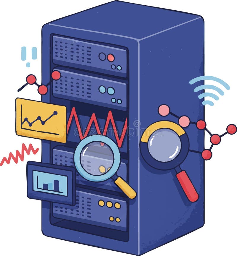 Data Analysis Server Rack with Magnifying Glass and Graphs Stock Vector - Illustration of ...