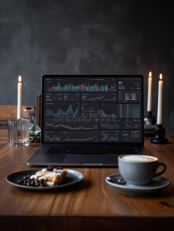 Data Analysis Setup Featuring Laptop with Analytics Dashboard, Coffee ...