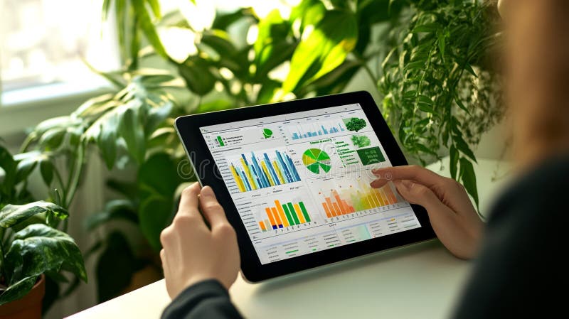 Data Analysis Tablet Screen Business Charts Graphs Green Plants Office ...