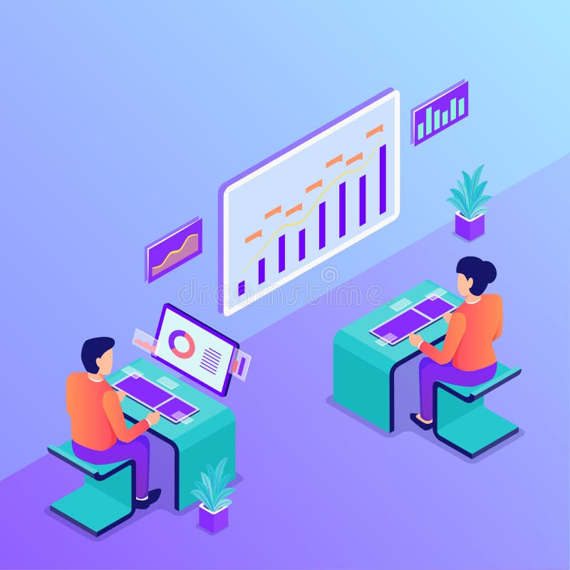 Data Analysis Team Office Analyzing Graph and Chart with Isometric Flat ...