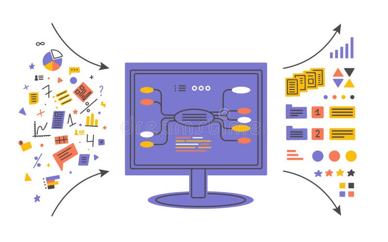 Data Analysis Vector Illustration With Monitor Of Big Computer Showing Process Of Sorting