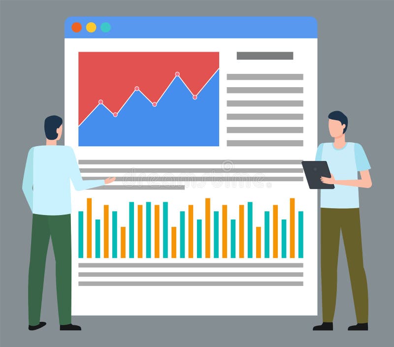 Workers Analyzing Data on Screen, Flowcharts Set Stock Vector ...