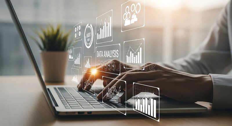 Data Analysis Visualization: Hands Typing on Laptop with Business ...