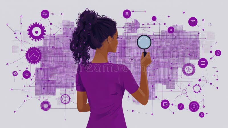Data Analysis Woman Examining Complex Systems with Magnifying Glass ...