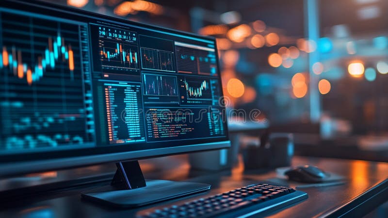 Data Analysis Workstation with Financial Charts in a Modern Office ...