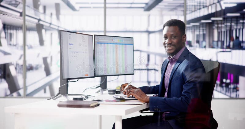 Data Analyst African Man Using Spreadsheet Stock Photo - Image of ...