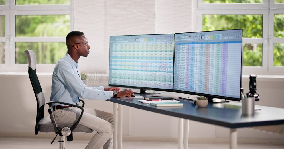 Data Analyst African Man Using Spreadsheet Stock Photo - Image of ...