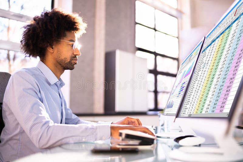 Data Analyst African Man Using Spreadsheet Stock Image - Image of ...
