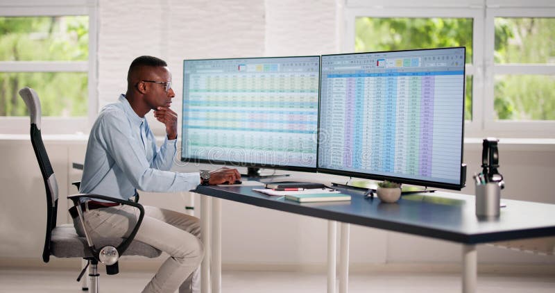 Data Analyst African Man Using Spreadsheet Stock Photo - Image of coder ...