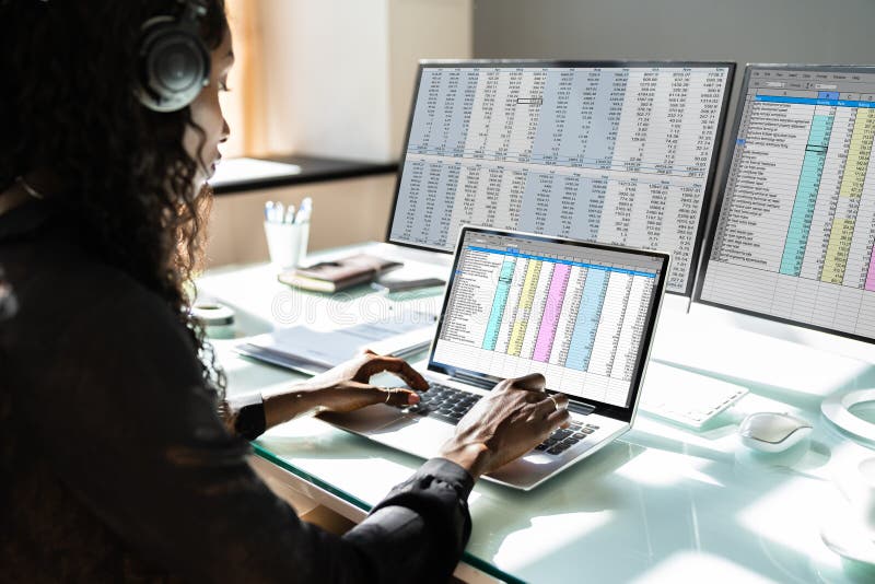 Data Analyst African Woman Using Spreadsheet Stock Photo - Image of ...