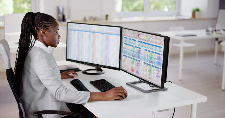 Data Analyst African Woman Using Spreadsheet Stock Photo - Image of ...