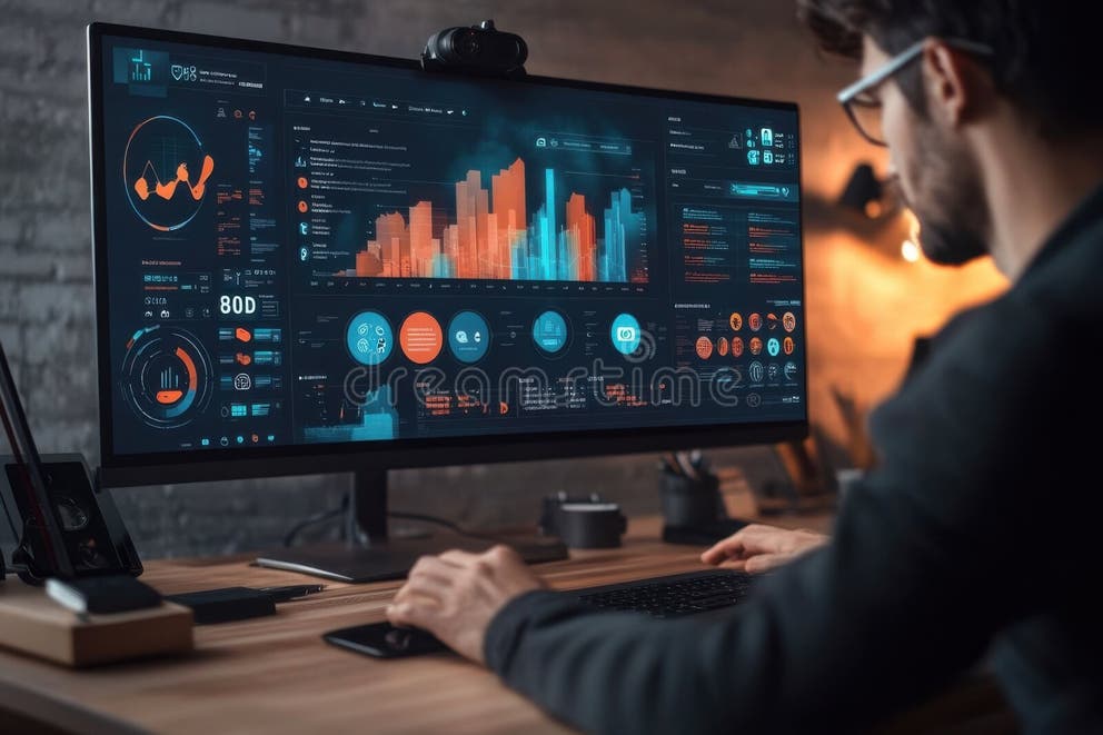 Data Analyst Analyzes Visualizations on a Large Screen while Working in a Modern Office Setup ...
