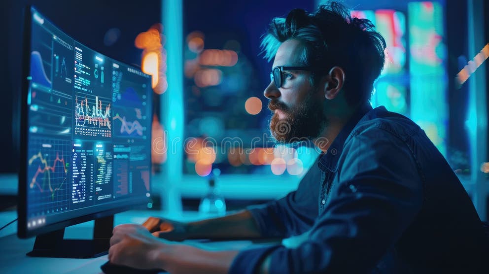 A Data Analyst is Busy at Work in the Office Analyzing Graphs and ...