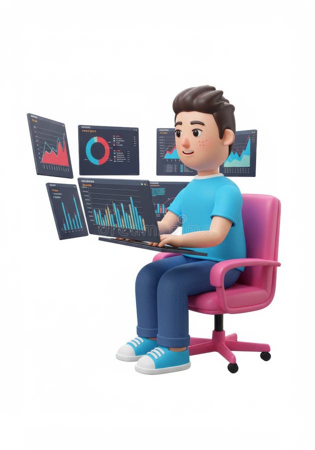 Data Analyst Cartoon Character Working on Laptop a 3D Cartoon Data ...
