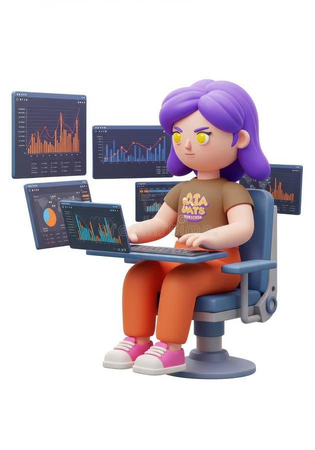 Data Analyst Cartoon Character Working on Multiple Screens a 3D Cartoon ...