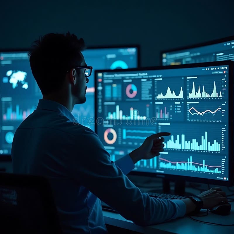 Data Analyst Examining Key Performance Indicators on Multiple Monitors ...