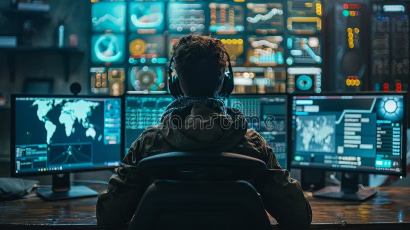 Data Analyst Using Multiple Screens in a Dark Room Filled with ...