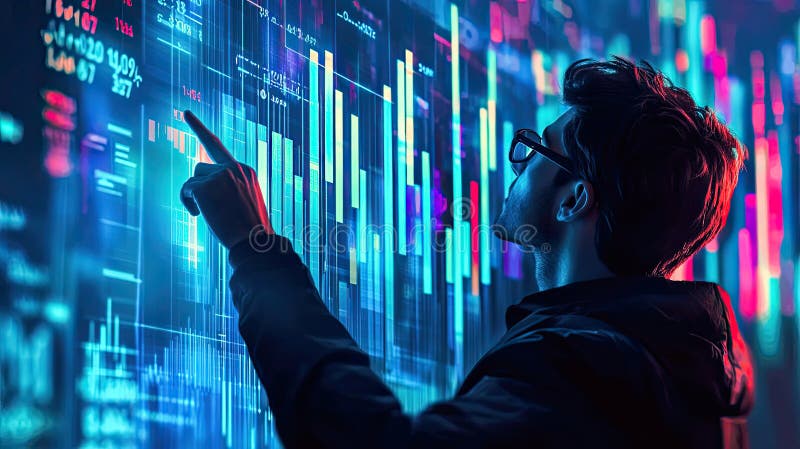 Data Analyst Interacting with Digital Charts and Graphs in a Modern ...