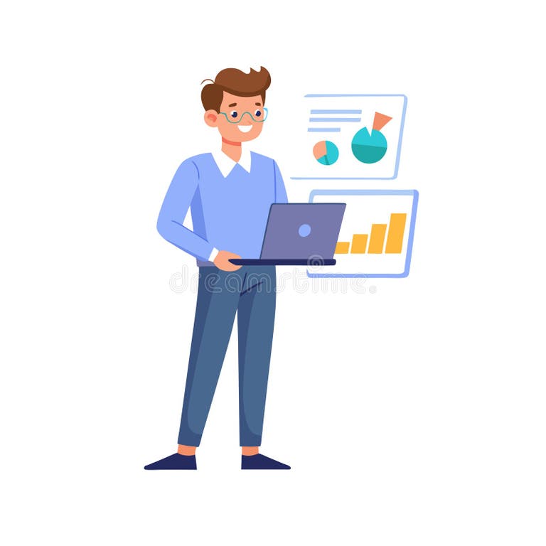 Data Analyst with Laptop and Charts: Business Intelligence Illustration ...