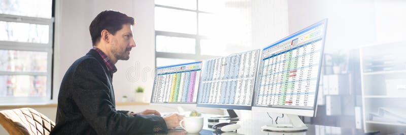 Data Analyst Man Using Spreadsheet Stock Image - Image of panoramic ...