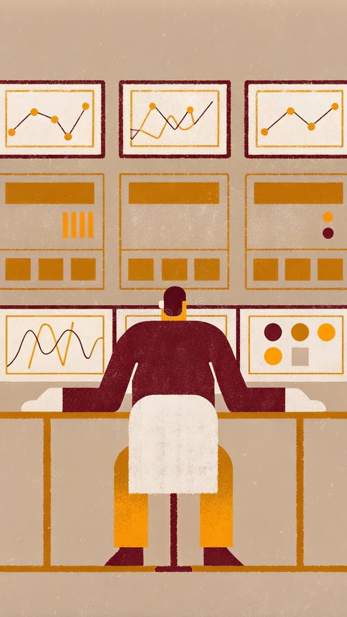 Data Analyst Monitoring Multiple Screens With Analytics And Graphs In