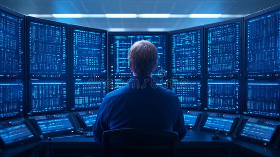 Data Analyst Monitoring Multiple Server Screens Stock Illustration - Illustration of programming ...