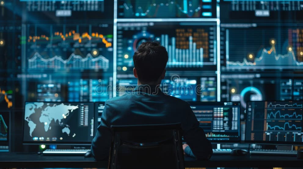 Data Analyst Observes Complex Metrics and Visualizations in a Modern Business Intelligence ...