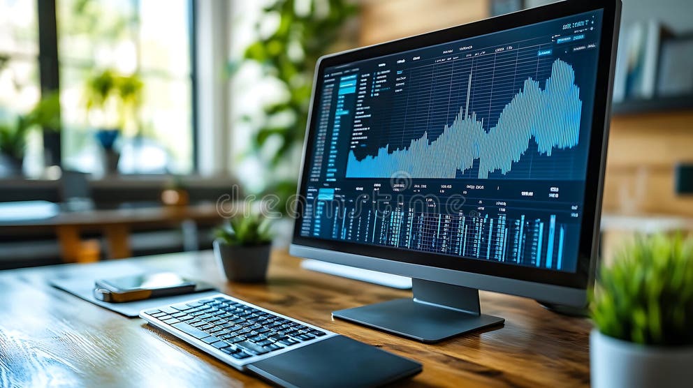 Data Analyst Reviewing Charts on Desktop Setup in Modern Office ...