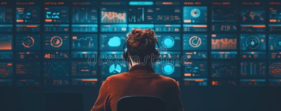 Data Analyst Reviewing Cloud Analytics on Multiple Screens, Digital Data Delivery, Data ...